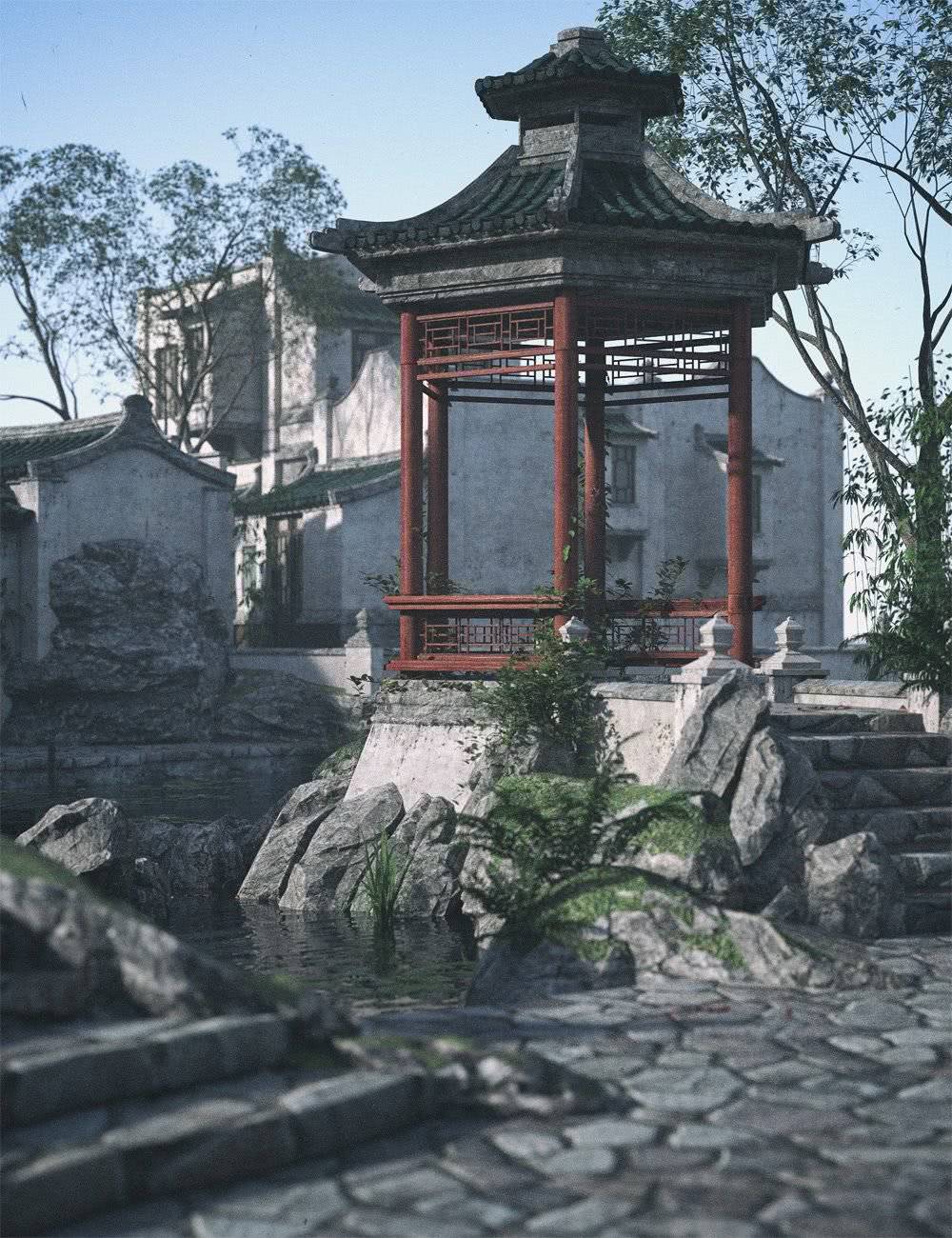 Blender中国风古建筑3D模型合集 亭台楼阁庭院古风场景（已修复）-魔酷网