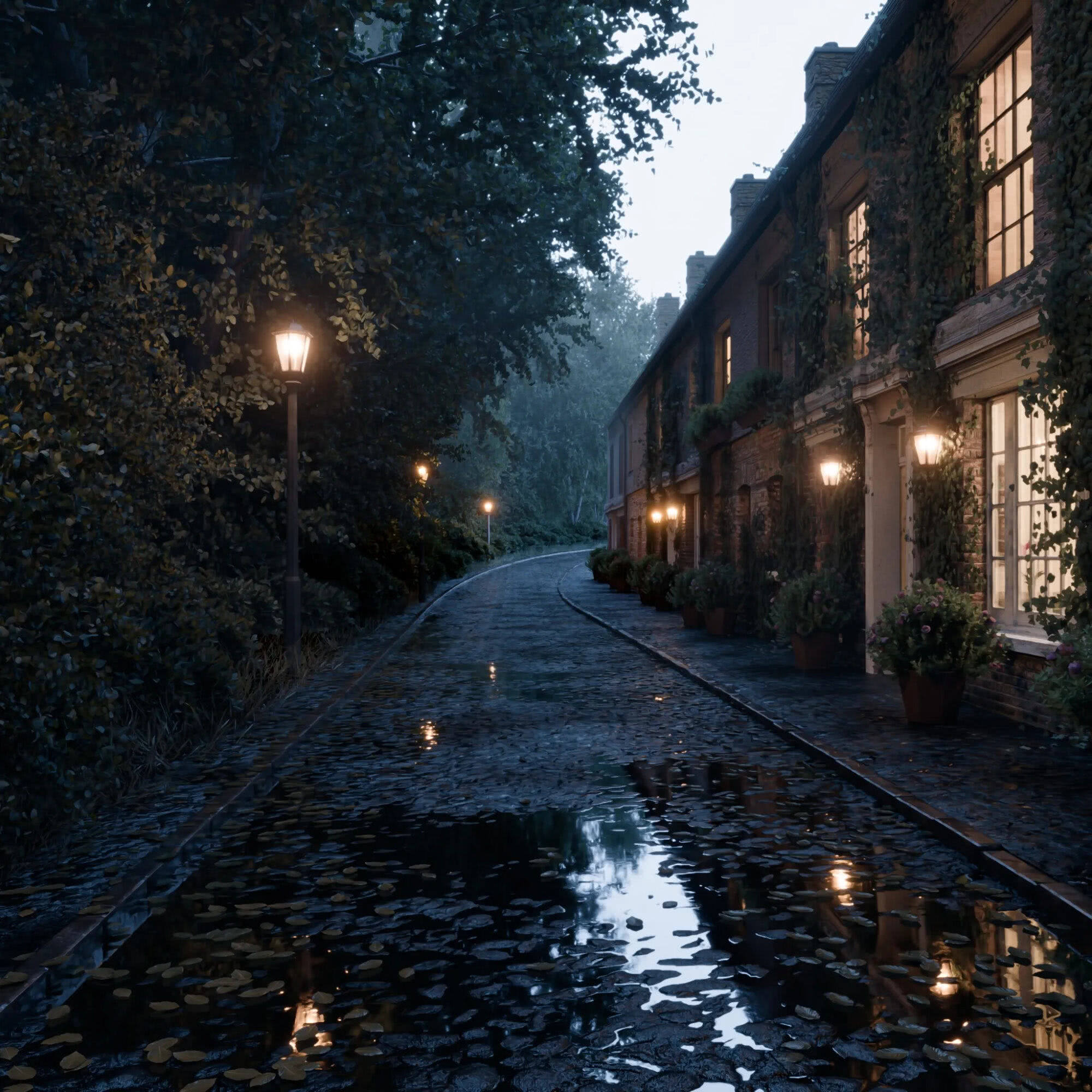 Blender英伦小巷3D场景 复古建筑雨后黄昏-魔酷网